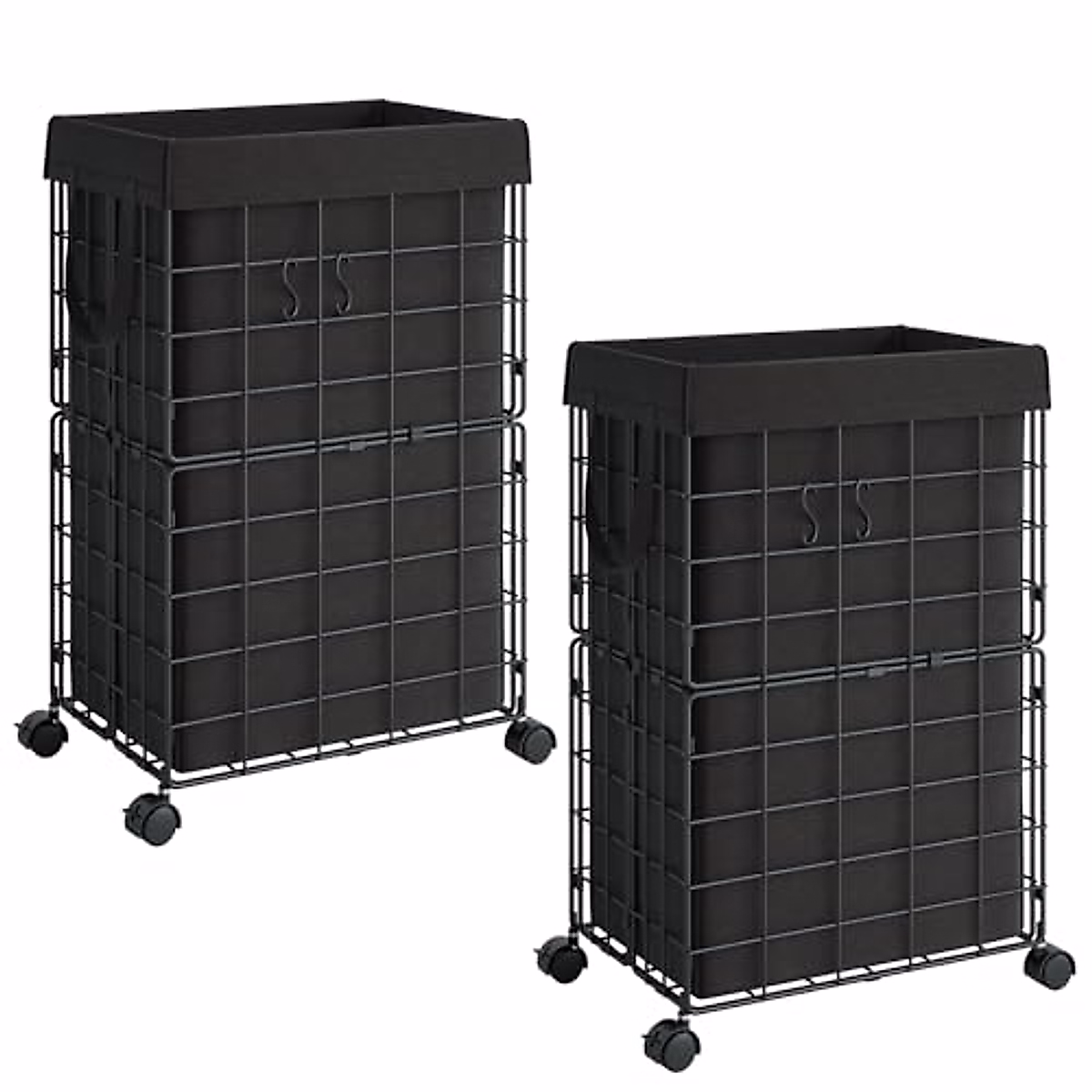 ELYKEN 2 Pack Laundry Hamper with Wheels, Durable Metal Wire Frame with Removable 70L/18.8Gal Capacity Inner Bag, Rolling Laundry Basket with Washable Liner Bag for Bathroom, Black