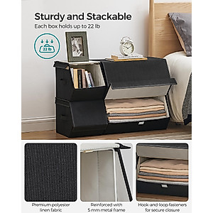 SONGMICS Set of 4 Stackable Storage Bins with Magnetic Closures, Fabric Storage Boxes with Lids, Storage Containers in Wardrobe Closet, Clothes Organizers, Classic Black URLB022B01