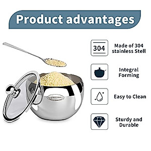 Newness Sugar Bowl, Stainless Steel Sugar Bowl with Lid and Spoon (for Better Recognition) for Home and Kitchen, Drum Shape, 240 ML (8.1 OZ)