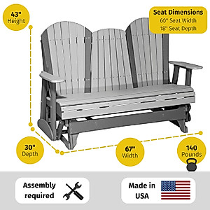 LuxCraft 5' Adirondack Double Glider Bench, 2 Person Glider Chair, Outdoor Glider Bench, Outdoor Loveseat Glider (Weatherwood on Chestnut Brown)