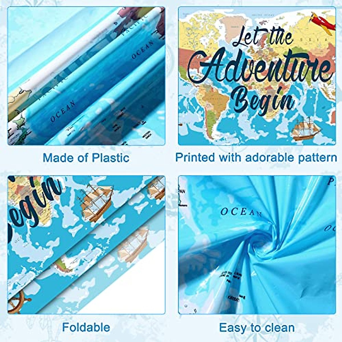 Frienda 3 Pcs Adventure Awaits Tablecloth Bon Voyage World Map Tablecloth Plastic Adventure Disposable Table Cover for Travel Retirement Wedding Graduation, 108 x 54 Inches, Blue