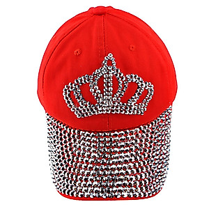 Elonmo Bling Hats, Crown Design Cotton Rhinestone Womens Baseball Cap Golf Hat Jeans Wash Denim Adjustable (Red)