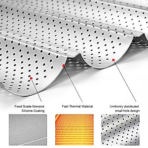 KIAADSY French Baguette Bread Pan,Non-Stick French Bread Mold, Perforated 4 Slot French Baguette Pan for Home and Professional Bakers, 15 “x12.8” (Silver)