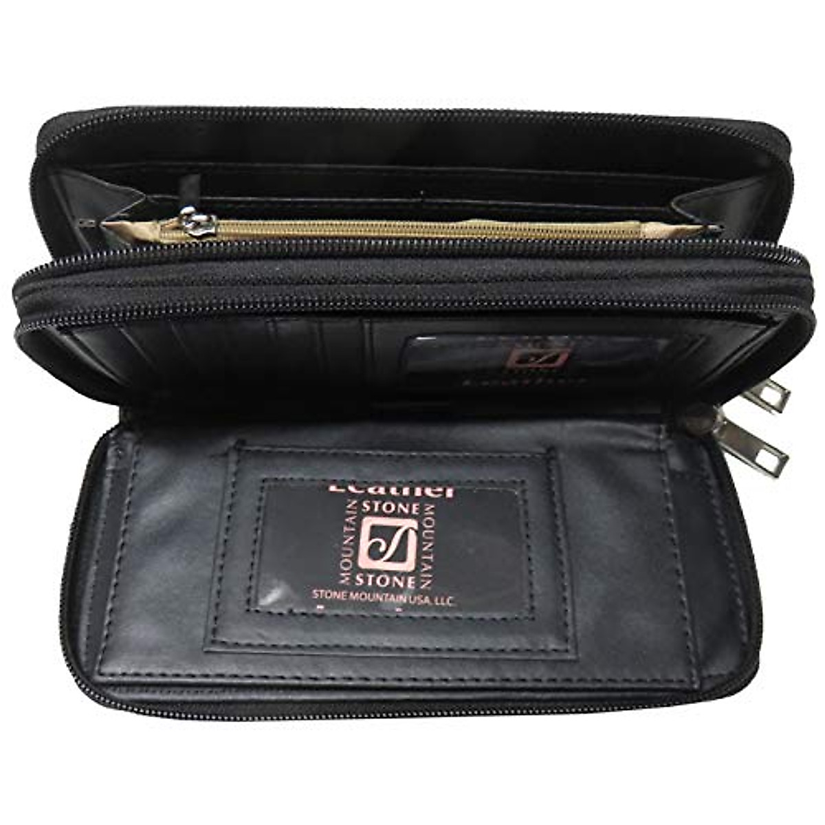 Stone Mountain Nancy Double Zip Around Leather Checkbook Wallet Black