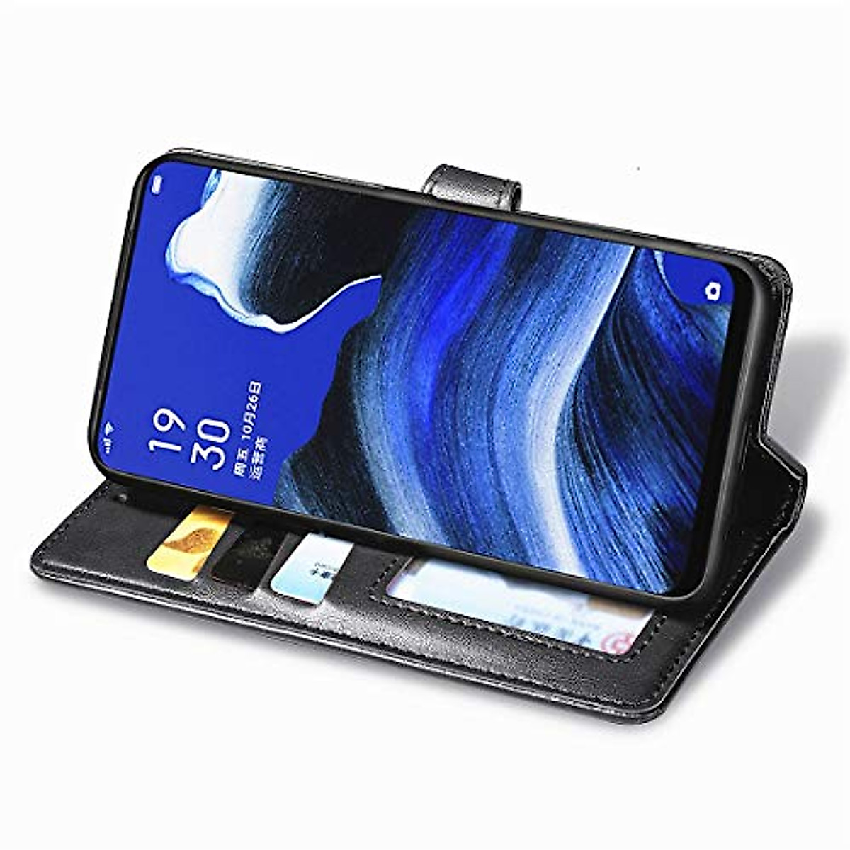 SATURCASE Case for Oppo Reno2 Z, Premium PU Leather Flip Round Magnet Wallet Stand Card Slots Protective Cover with Hand Strap for Oppo Reno2 Z (Black)