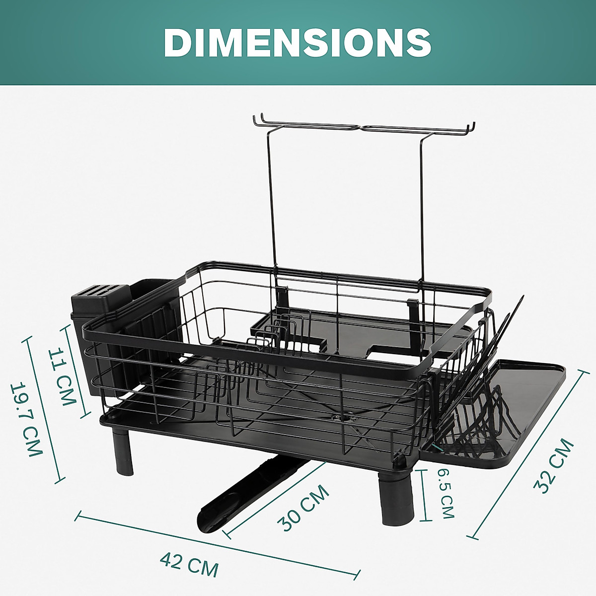 KitchNcure Large Dish Drying Rack for Kitchen Counter - Adjustable Height Dish Rack Over Sink with 12" Extended Spout & 4-Channel Drainboard - Kitchen Sink Organizer with Utensil Holder & Cup Hangers