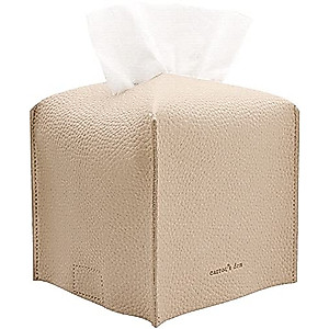 Tissue Box Cover Holder, Square with Bottom Belt by Carrot's Den - PU Leather Decorative Organizer for Tabletop, Bathroom, Car, Office | Beige