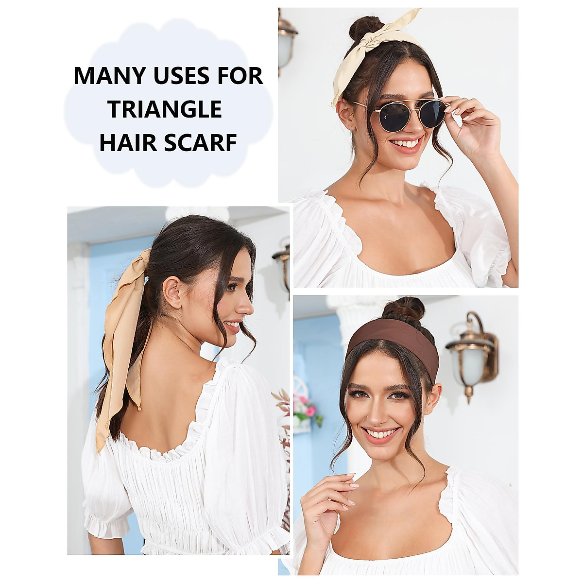 AWAYTR 3Pcs Hair Bandanas Head Kerchief for Women Girls Tie-Back Boho Hair Scarf Headband Bandana Triangle Head Scarf (Solid Color - Beige/Khaki/Brown)