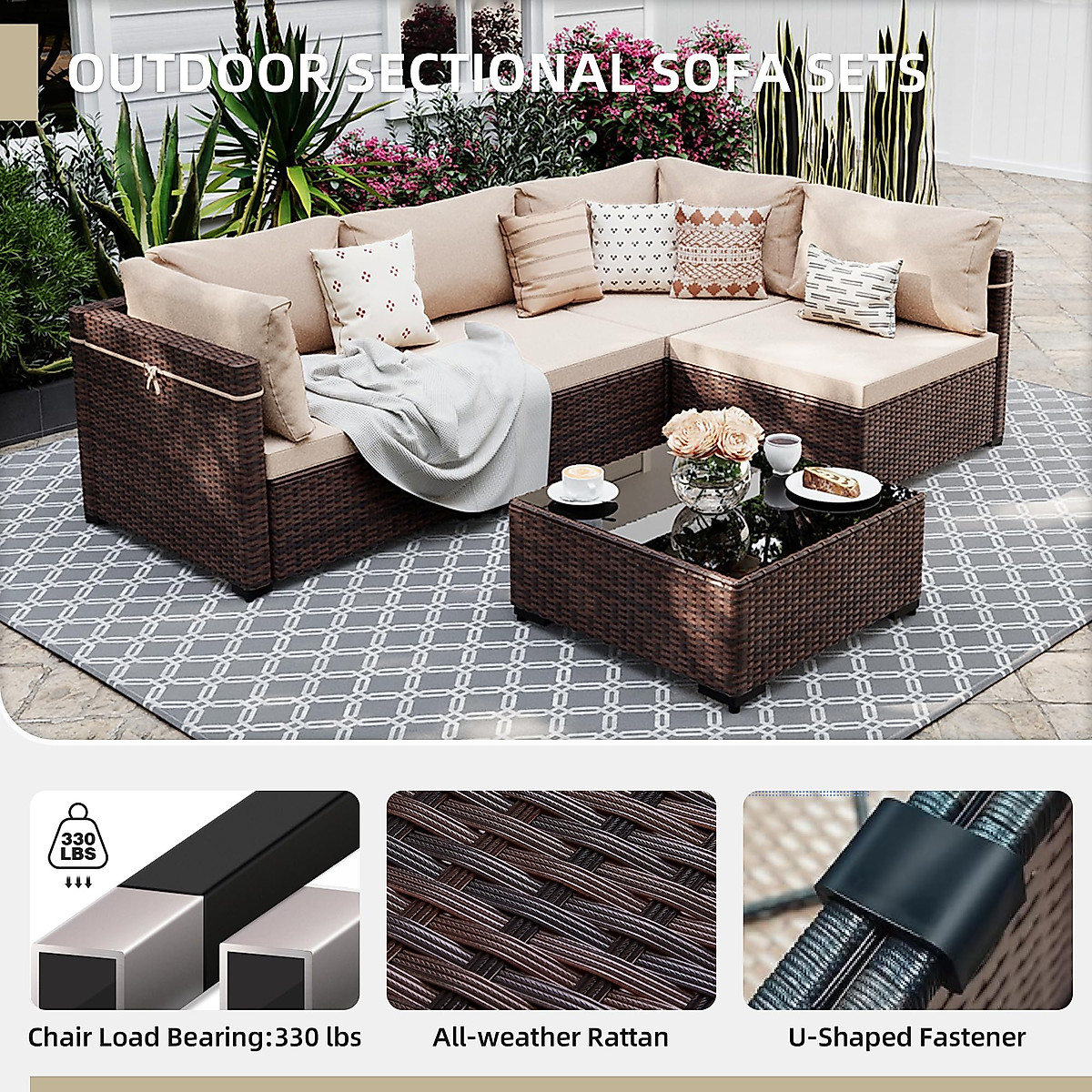 UPHA 5 Pieces Patio Furniture Sets Outdoor Sectional Sofa Wicker Conversation Couch for Decks, Backyards, Gardens, Brown Rattan, Beige Cushion