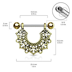 Covet Jewelry Filigree Flower Dangle 316L Surgical Steel Nipple Rings (Gold)