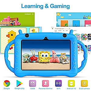 Fivahiva Kids Tablet 7 inch, Android 12 OS, Tablet for Kids,2GB+32GB ROM, Games, Wi-Fi, Parental Control, Dual Cameras, Tablet Silicone Case, Gift for Boys