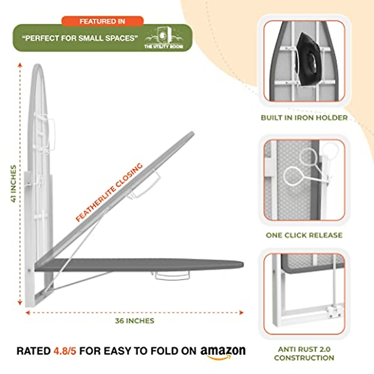 Xabitat Wall Mounted Ironing Board with Iron Holder, 36.2" X 12.2" Compact Mount Fold Down Iron Board for Small Spaces, Space Saving with Cotton Fabric Cover, White and Grey