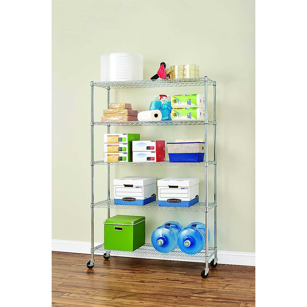 Home Storage Space HSS 5 Tier Wire Shelving Rack with Casters, 18" Dx48 Wx75 H, Chrome