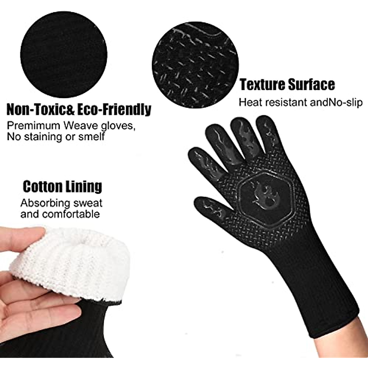 BBQ Fireproof Gloves - Grill Cut-Resistant Gloves 1472°F Extreme Heat Resistant, Silicone Non-Slip Oven Gloves for for Kitchen Garden BBQ Grilling and Outdoor Cooking Campfire