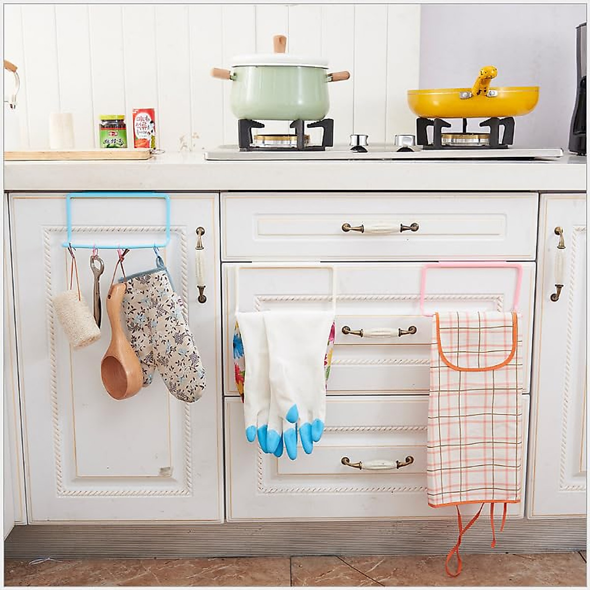 FnPti Over Door Towel Rail Hanger Kitchen Cabinet Cupboard Draw Hand Holder - Blue Plastic Towel Rack, Easy to Use and Clean, Free Punch