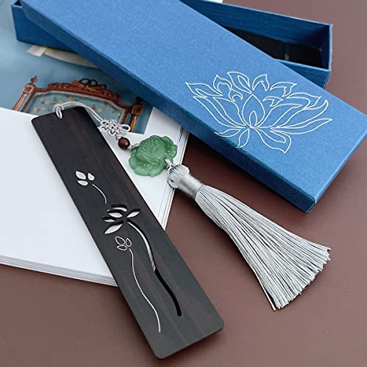allydrew Sandalwood Bookmark with Pendant Tassel for Book Lovers an Readers, Water Lily