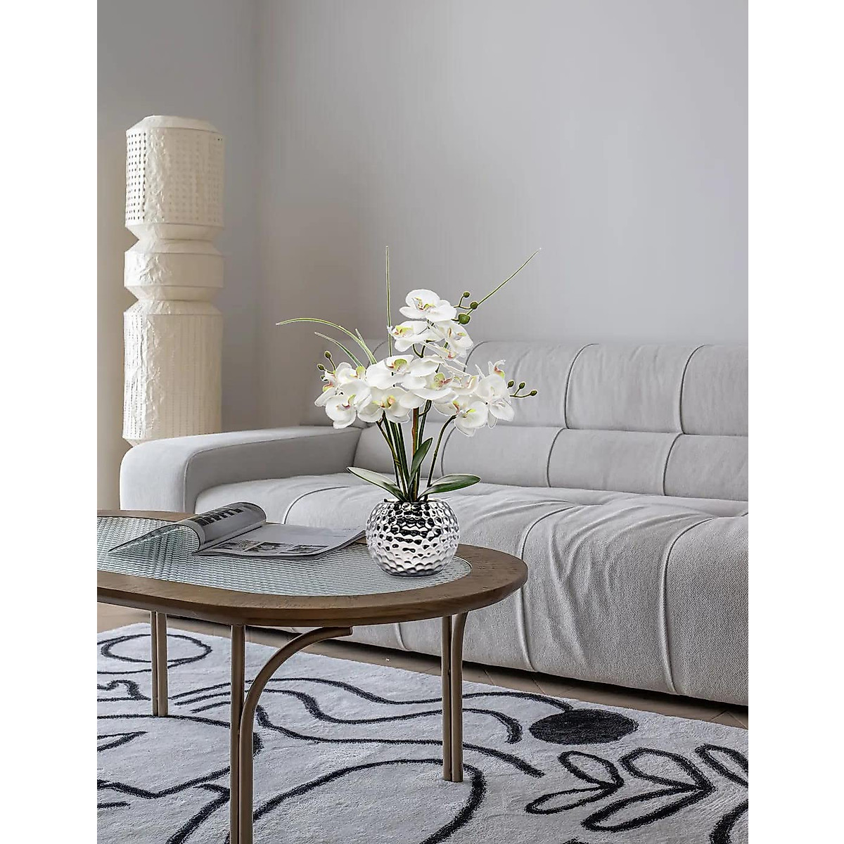 Orchids Artificial Flowers 20.8'' Faux Orchid Flower Arrangement Fake Orchid White Flower with Silver Ceramic Vase Phalaenopsis Orchid for Home Office Bathroom Table Centerpieces Decor, Briful