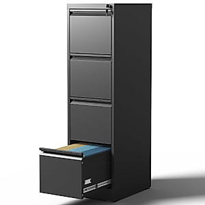 BIZOEIRON 4 Drawer File Cabinet with Lock, Metal Vertical Filing Cabinets for Home Office, Steel Storage Cabinet for Hanging Legal/Letter Size Files, Assembly Required (Black)