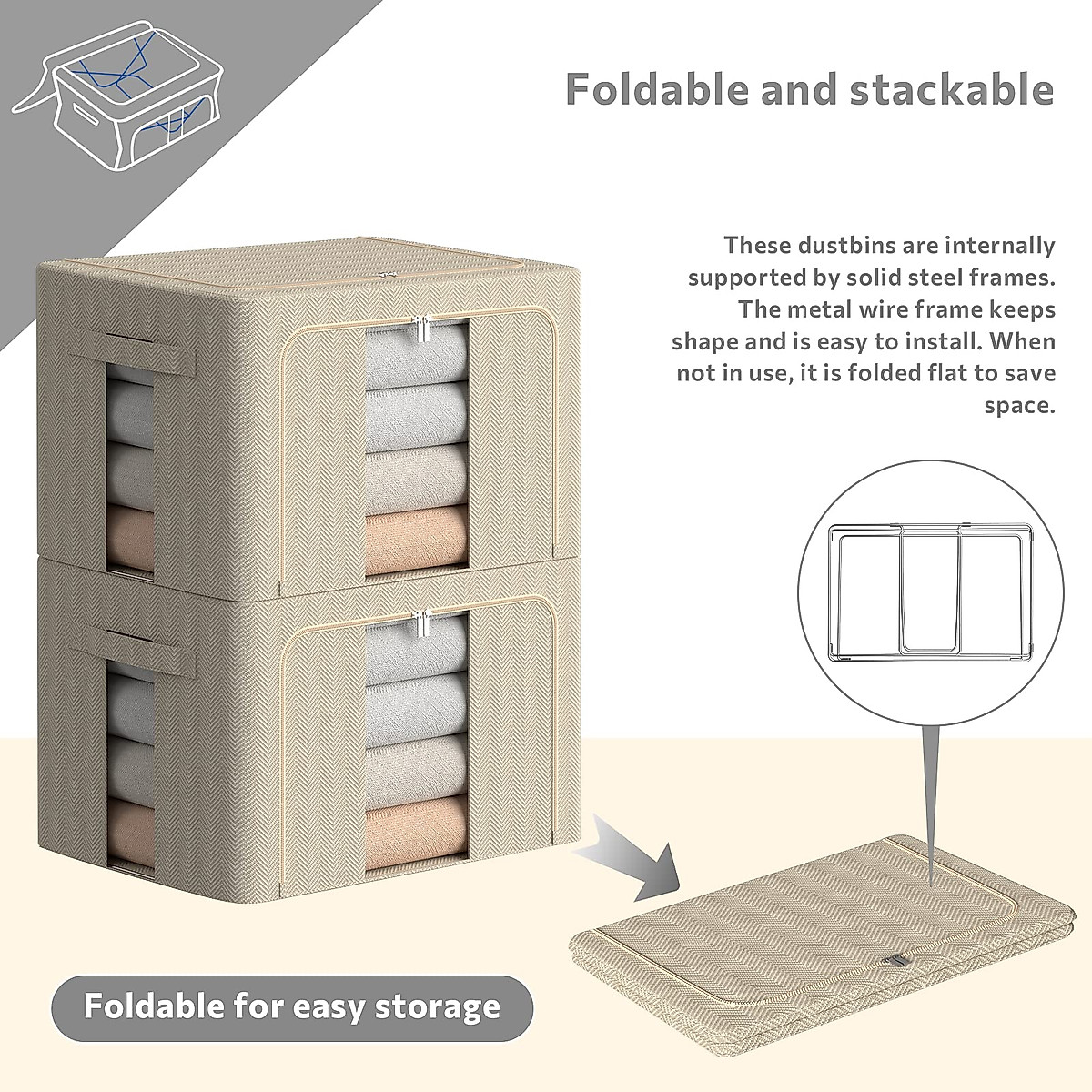 FHSQX Clothes Storage Organizer Bins- Stackable Storage Containers for Closet Foldable Storage Bins for Clothes with Clear Window & Carry Handles (Extra Large-100L(23.6x16.5x15.7inch), Beige)