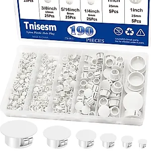 Tnisesm 190Pcs 9 Sizes Nylon Plastic Hole Plugs 1/5" 1/4" 5/16" 3/8" 1/2" 5/8" 3/4" 7/8" 1"Round Drill Hole, Flush Type Panel Knockout Locking Plugs,Screw Covers for Furniture Cabinet Insert End Caps