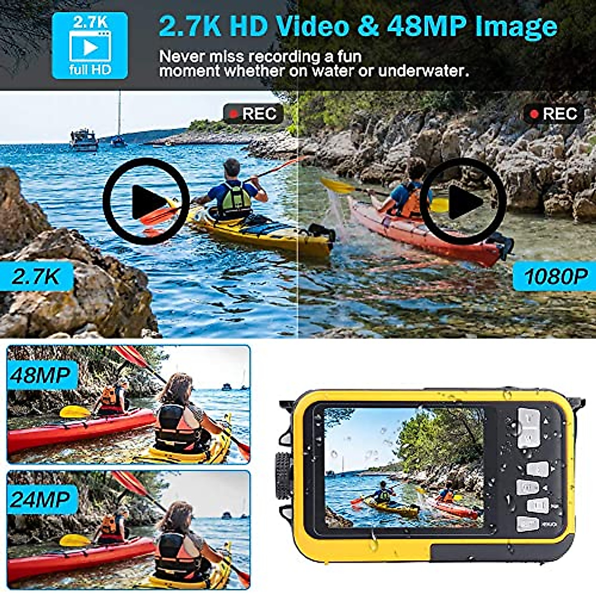 S & P Safe and Perfect Underwater Camera, Waterproof Camera Full HD 2.7K 48MP Waterproof Camera Digital with Dual Screen, 16X Digital Zoom and Self-Timer Yellow