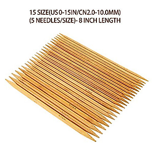 RELIAN Double Pointed , 75 Pcs Bamboo Knitting Needles Set, 15 Sizes from 2.0mm-10.0mm(8 Inches Length)+ 4Pcs Knitting Needles Point Protectors