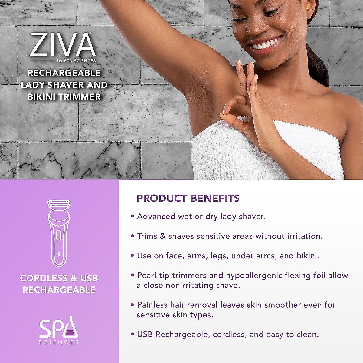 Spa Sciences Ziva Lady Shaver - Advanced Wet & Dry Trimmer - Non-Irritating Shave - for Sensitive Skin - USB Rechargeable - All Skin Types