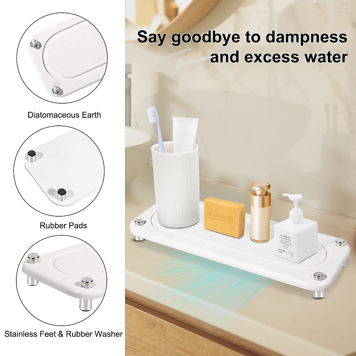 Instant Dry Sink Organizer 2PCS, Sponge Holder Fast Drying Stone, Natural Diatomite Material, Soap Holder with Rustproof Stainless Feet, Sink Caddy for Kitchen Bathroom Counter, White