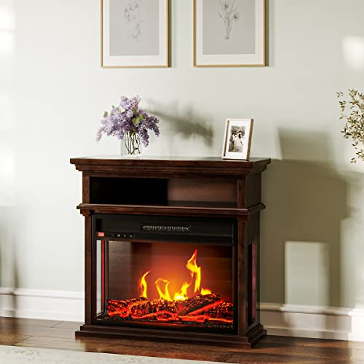 Electric Fireplace - 3-Sided Heater with Mantel and Shelf, Remote Control, LED Flames, Faux Logs, and Adjustable Settings by Northwest (Brown) (80-FPWF-M2)
