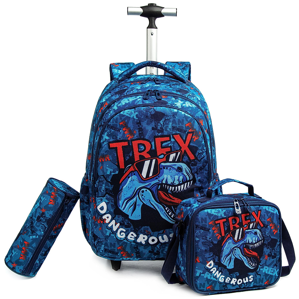 Egchescebo Boys Rolling Backpacks Kids Backpack with Wheels for School Bags Luggage With Wheels Trolley Wheeled Backpacks 3PCS 16“ Dinosaur Travel Bags Boys With Lunch Box Blue