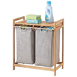mDesign Freestanding Bamboo 2 Section Double Laundry Organizer Hamper with Removable Storage Sorter Bags, Space-Saving Basket Duo with Handles for Clothes/Linens - Echo Collection - Natural/Tan