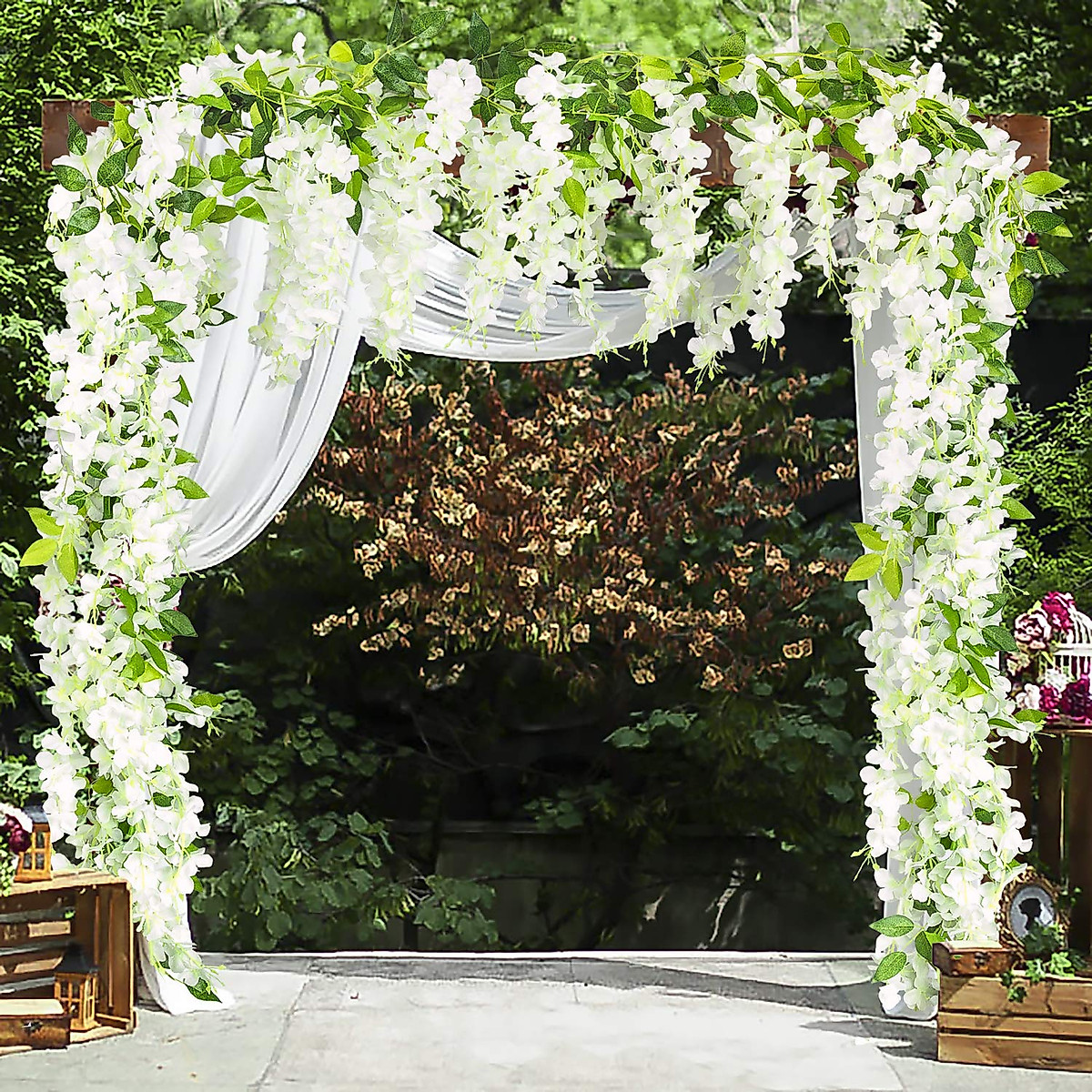COOWAS 4pcs Artificial Flowers (Total 24Feet) Silk Wisteria Garland Hanging Vines Fake Plants Greenery for Wedding Party Outdoor Garden Office Home Kitchen Bedroom Wall Decor White