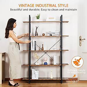 VIVOHOME 5-Tier Bookshelf, Industrial Bookcase, Open Storage Display Rack, Stable Metal Frame, Organizer Shelf for Living Room, Bedroom, Home Office