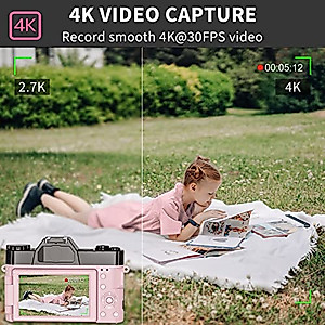 4K Digital Camera for Photography VJIANGER 48MP Vlogging Camera for YouTube with 3.0’’ 180° Flip Screen, WiFi, 16X Digital Zoom, Wide Angle & Macro Lens, 2 Batteries, 32GB Micro SD Card(W02-Pink30)