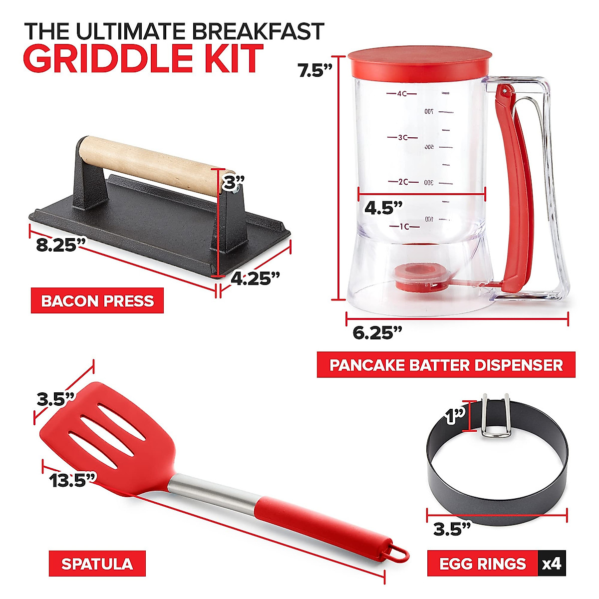 Modern Innovations Griddle Breakfast Kit Accessories - Pancake Batter Dispenser for Griddle, Cast Iron Grill Press for Bacon, 4 Egg Rings/Pancake Molds and Spatula, Compatible With Blackstone Griddles