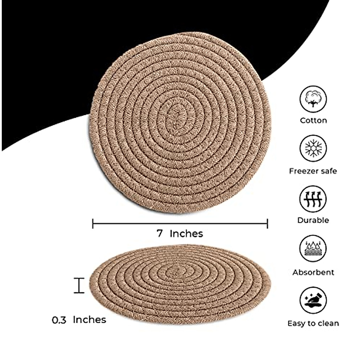 Avalon Pot Holders Trivets for Hot Dishes Hot Pads for Kitchen Trivets for Hot Pots and Pans - Cotton Hot Pads Pot Holders Stylish Large Coasters & Hot Mats (Brown Set of 3-7 Inch Diameter)