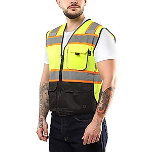 Kolossus High Visibility Mens Safety Vest APPAREL With Front Pockets, Silver Orange Reflective Tape, Bottom Class 2 ANSI/ISEA Black, Large