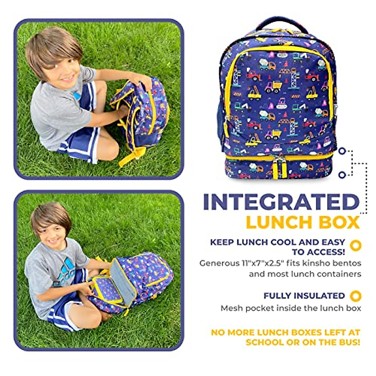 Backpack with Lunch Box for Boys, Cute 15” Boy Backpacks and Integrated Lunch Bag with Water Bottle Pocket Holder, Insulated Padded Travel Bags Boxes for Elementary School Kids, Blue Yellow Trucks