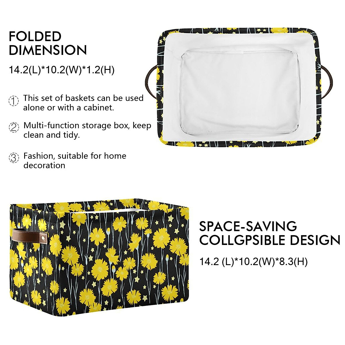 Yellow Flower Storage Basket Bins Foldable Laundry Hamper Toy Storage Bins Box Organizer for Playroom Living Bed Room Office Clothes Nursery,1 pcs