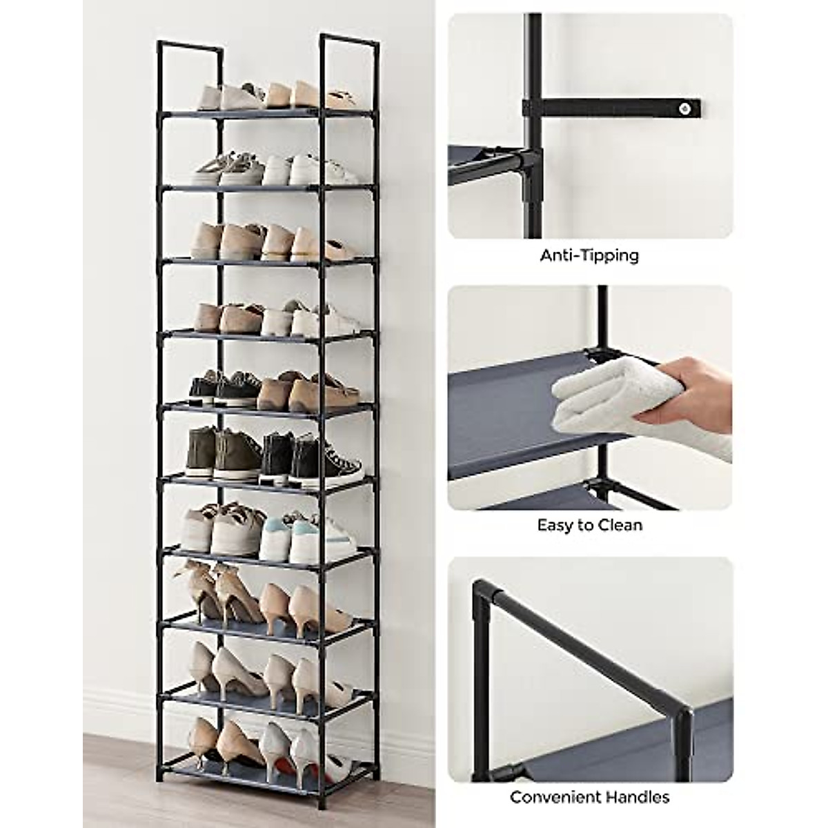 SONGMICS Shoe Rack, 10 Tier Shoe Shelf, Shoe Storage Organizer, Space-Saving, 11 x 17.7 x 68.1 Inches, Metal Frame, Non-Woven Fabric Shelves, for Entryway, Bedroom, Grey ULSH010G01