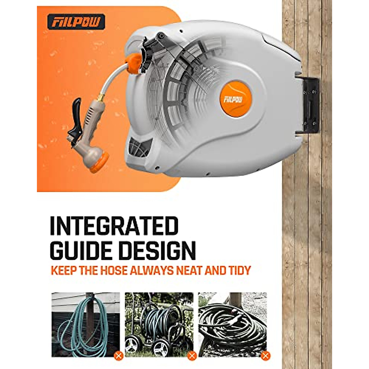 FIILPOW 100 FT 1/2" Retractable Garden Hose Reel, Any Length Lock, Heavy-Duty Wall Mounted Hose Reel with Automatic Rewind, Brass Connector, Adjustable Patterns, 180° Garden Watering & Car Washing