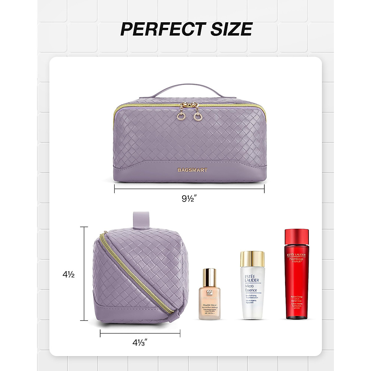 BAGSMART Makeup Bag, Travel Cosmetic Bag Organizer, PU Leather Water-Resistant Pouch, Open Flat Makeup Storage for Toiletries, Brushes, PU Leather Purple