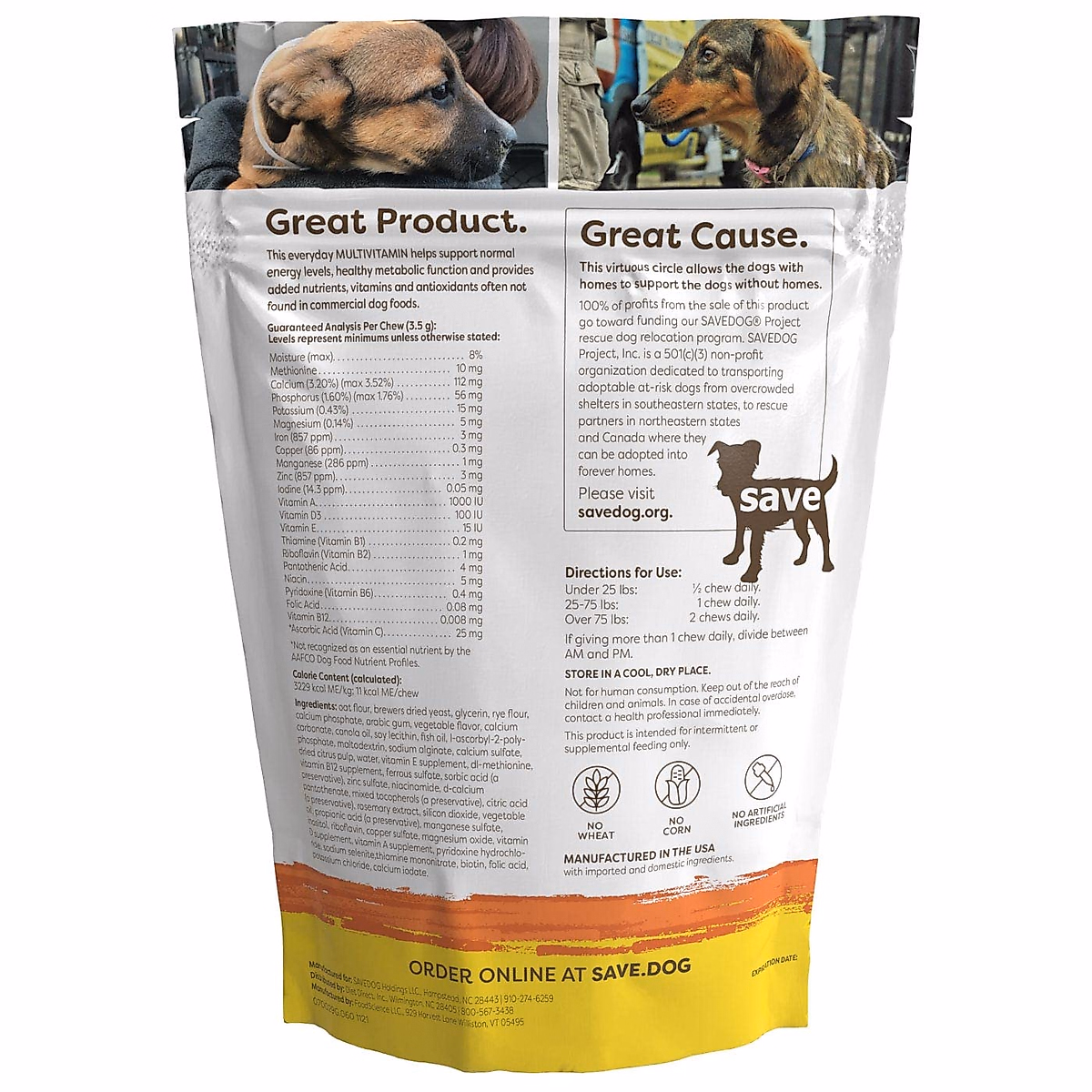 SAVE.DOG Chewable Dog Multivitamin - Dog Vitamins and Supplements – with Amino Acids and Antioxidants to Support Immunity Energy and Wellness - Dog Supplement with a Cause (60 Chews)