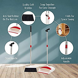 Broom and Dustpan Set - Strongest NO MORE TEARS 80% Heavier Duty - Upright Standing Dust Pan with Extendable Broomstick for Easy Sweeping - Easy Assembly Great Use for Home Kitchen Room Office Lobby