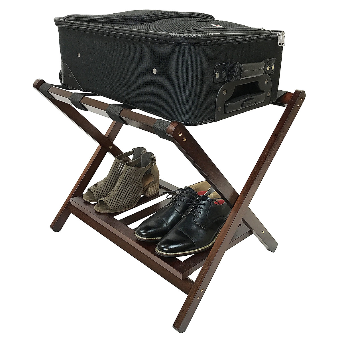 Wholesale Hotel Products Wooden Luggage Rack for Guest Room with Shoe Shelf - Fully Assembled Luggage Stand with Storage Shelf Foldable, Solid Wood Walnut -