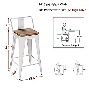WENTMENT Metal Bar Stools Set of 4 Counter Height Bar Stools Barstools with Removable Back 24" Kitchen Bar Stools with Wooden Seat, White
