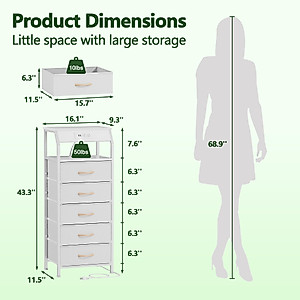 Furnulem 5 Drawers Dresser with Charging Station, Tall Night Stand with Open Shelf, Storage Tower with PVC & Fabric Drawer, Bedside Table for Bedroom, Closet, Entryway, 3 Ways to Use, White