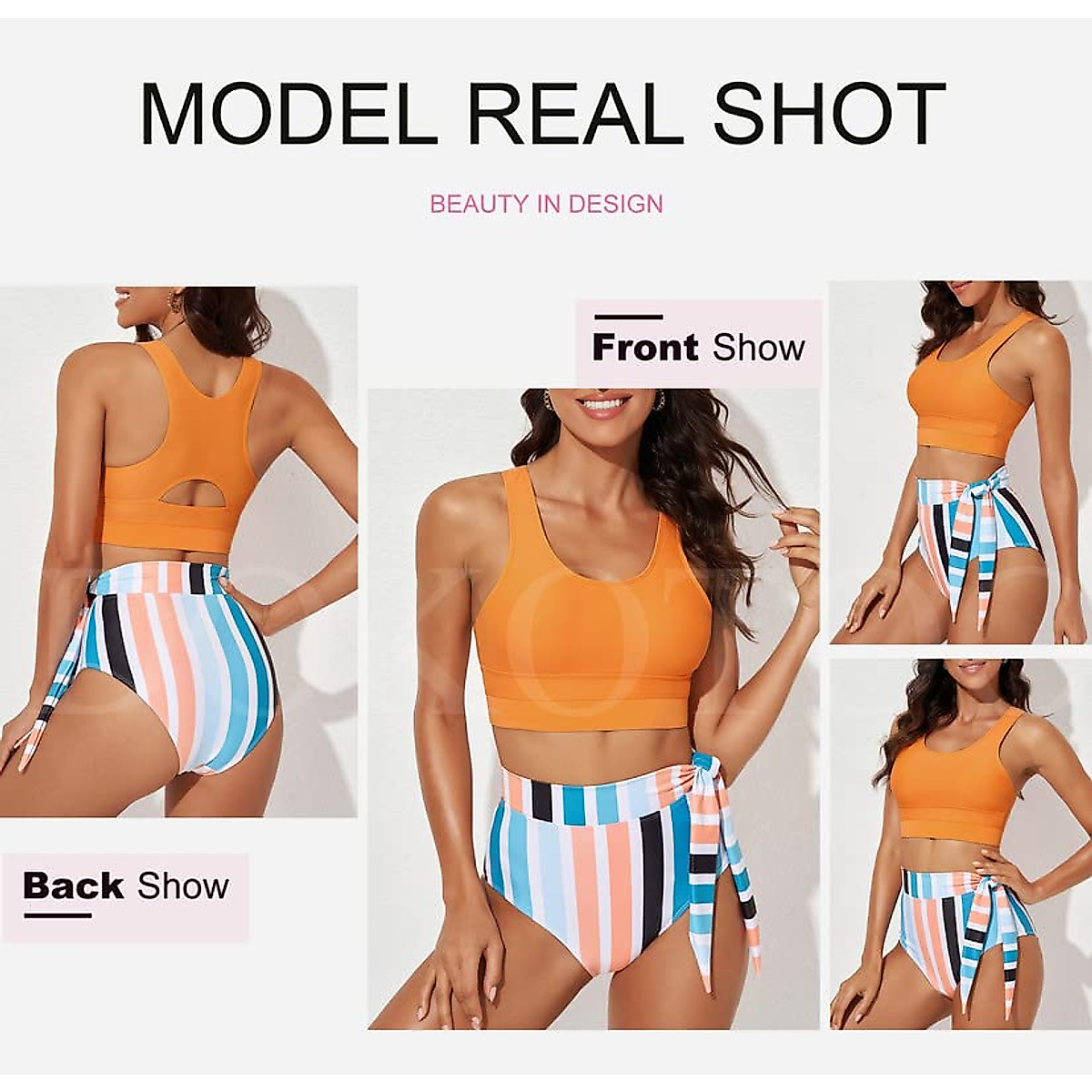 Dokotoo High Waisted Bikini Sets for Women 2024 Beach Scoop Neck Sleeveless Racerback Striped Print Trendy Swimsuit Sexy High Cut Tummy Control Bathing Suit Orange Large