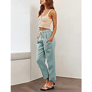 Dqbeng Womens Beach Pants Casual Summer Pull On White Cotton Linen Pants for Women (SageGreen-XL)