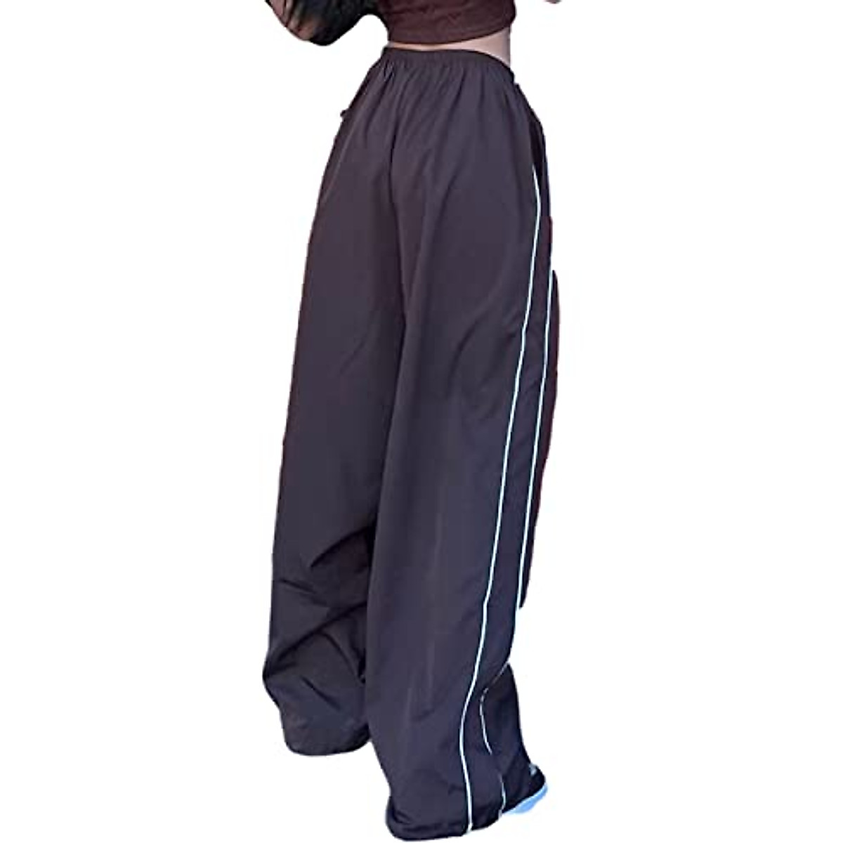 Shebote Womens Parachute Pants Wide Leg Baggy Pants Y2K Elastic Waist Jogger Sweatpants Track Pants Streetwear(0046-Coffee-S)